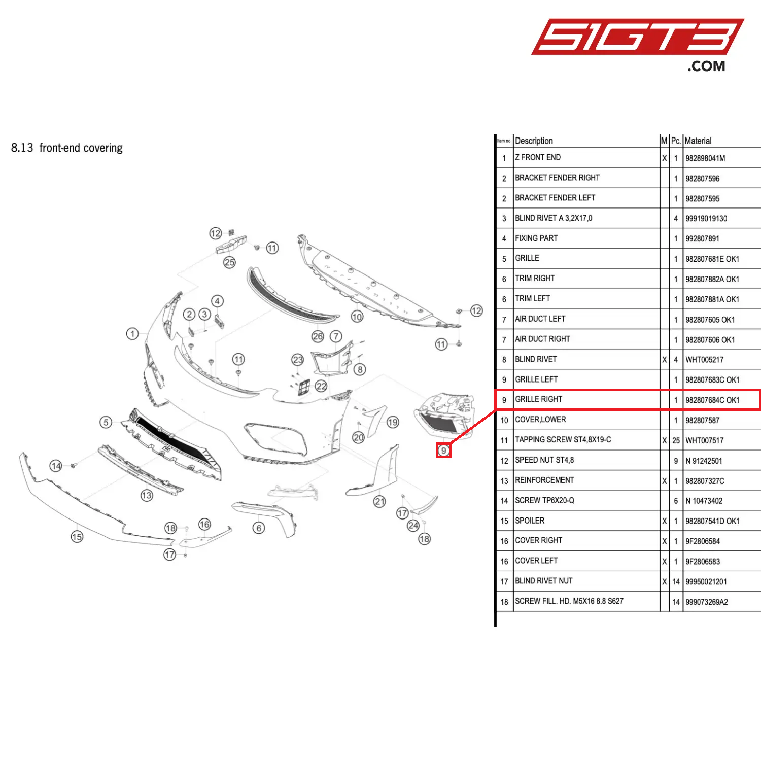 GRILLE RIGHT - 982807684C OK1 [PORSCHE 718 Cayman GT4 RS Clubsport] [51GT3]