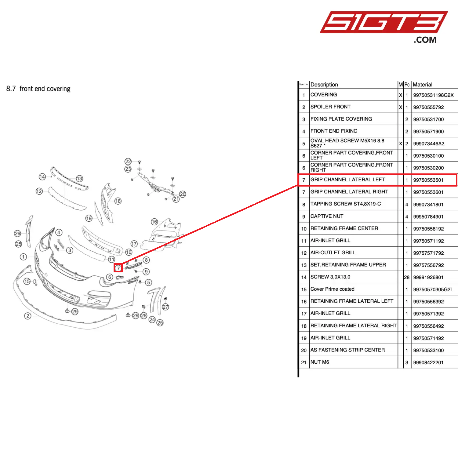 GRIP CHANNEL LATERAL LEFT - 99750553501 [PORSCHE 997.2 GT3 Cup] [51GT3]