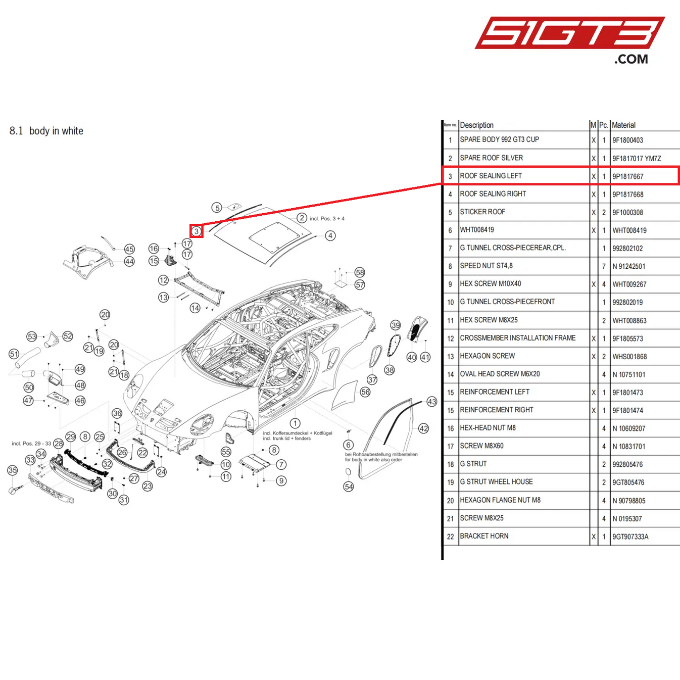 ROOF SEALING LEFT - 9P1817667 [PORSCHE 992.1 GT3 Cup] [51GT3]